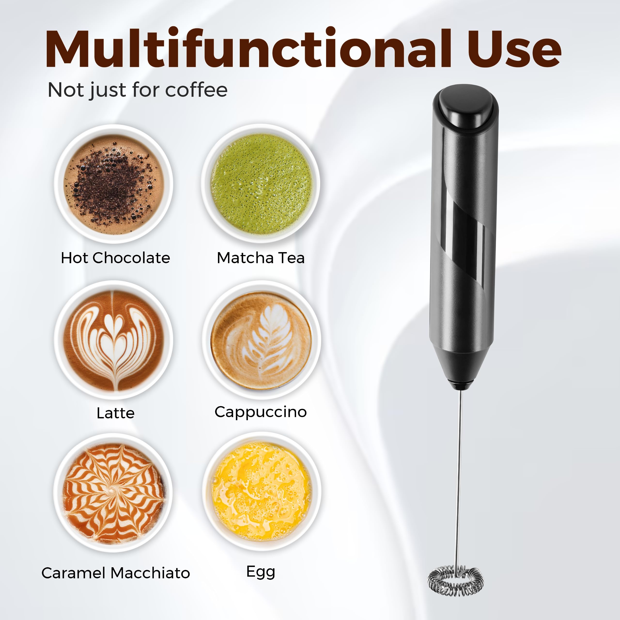 HealSmart Milk Frother Handheld, Battery Operated Whisk Maker with Stainless Steel Stand Hand Drink Mixer for Coffee, Lattes, Cappuccino, Matcha, Black