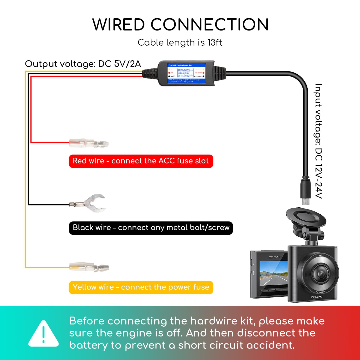 COOAU 1080P Dash Cam for Cars with Micro USB Hardwire Kit - 2" IPS Screen 24H Parking Mode G-Sensor Loop Recording Wide Angle Night Vision Supercapacitor