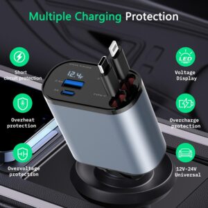 Paiholy Retractable Car Charger,4 in 1 Fast USB C Car Charger 100W with Dual Retractable Cable Dual USB Ports,Voltage Display Car Charger Compatible with iPhone 15 Pro Max/14/13/12,Galaxy S23/ S22/S10