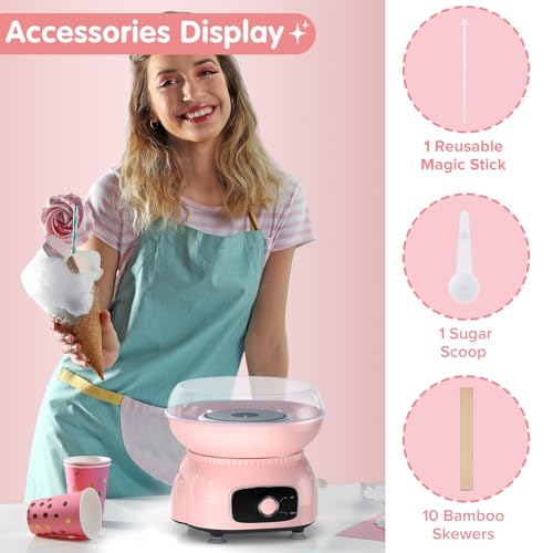 Candey Cotton Candy Machine, Cotton Candy Maker for Kids, Makes Hard Sugar, Sugar Floss, Homemade Sweets for Birthday Parties, Includes 1 Magic Stick, 1 Sugar Scoop, and 10 Bamboo Skewers, Pink