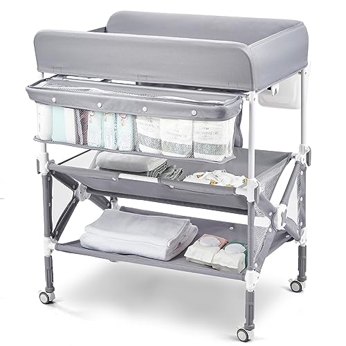 Babevy Portable Baby Changing Table, Foldable Diaper Change Table with Wheels, Adjustable Height, Cleaning Bucket, Changing Station for Infant Mobile Nursery Organizer for Newborn (Light Grey)