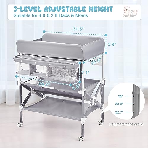 Babevy Portable Baby Changing Table, Foldable Diaper Change Table with Wheels, Adjustable Height, Cleaning Bucket, Changing Station for Infant Mobile Nursery Organizer for Newborn (Light Grey)