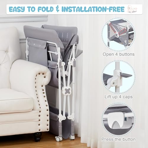 Babevy Portable Baby Changing Table, Foldable Diaper Change Table with Wheels, Adjustable Height, Cleaning Bucket, Changing Station for Infant Mobile Nursery Organizer for Newborn (Light Grey)