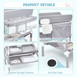 Babevy Portable Baby Changing Table, Foldable Diaper Change Table with Wheels, Adjustable Height, Cleaning Bucket, Changing Station for Infant Mobile Nursery Organizer for Newborn (Light Grey)