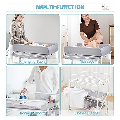 Babevy Portable Baby Changing Table, Foldable Diaper Change Table with Wheels, Adjustable Height, Cleaning Bucket, Changing Station for Infant Mobile Nursery Organizer for Newborn (Light Grey)