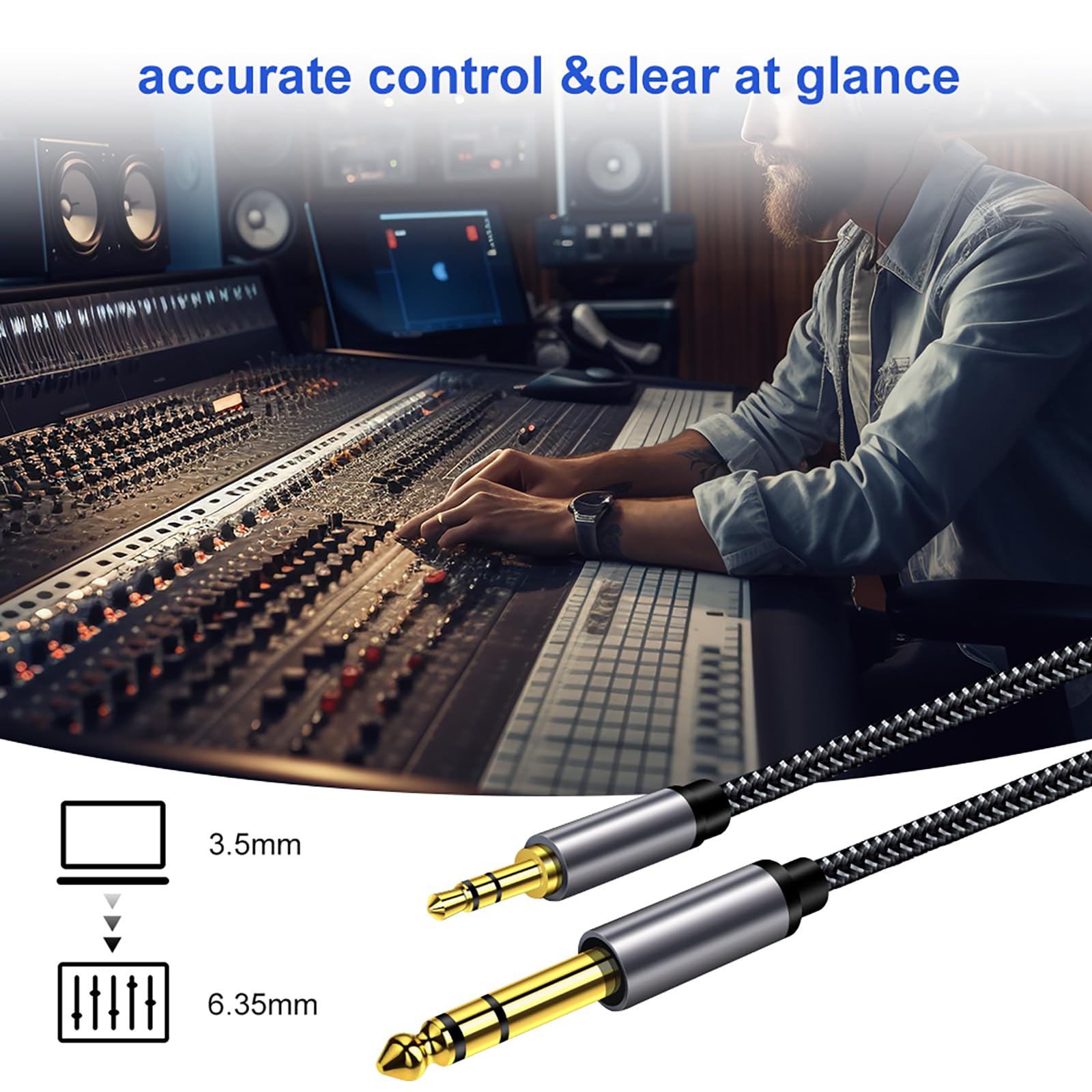 1/8 to 1/4 Stereo Cable Braided: Hi-Fi Sound Double Layer Shielded Zinc Alloy Case 3.5mm TRS to 6.35mm Audio Cable for Guitar, Laptop, Home Theater Devices, Speaker and Amplifiers 4Ft