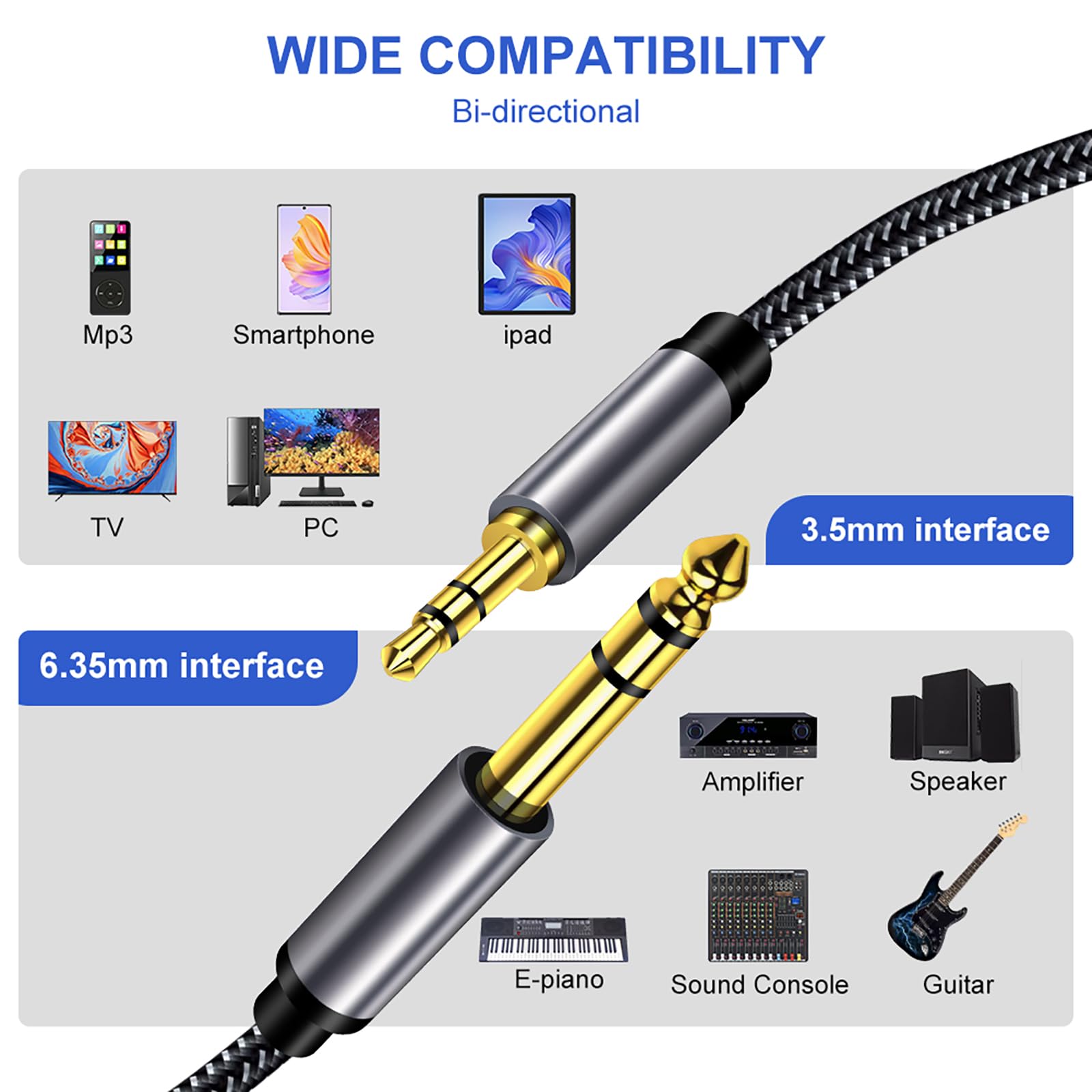 1/8 to 1/4 Stereo Cable Braided: Hi-Fi Sound Double Layer Shielded Zinc Alloy Case 3.5mm TRS to 6.35mm Audio Cable for Guitar, Laptop, Home Theater Devices, Speaker and Amplifiers 4Ft