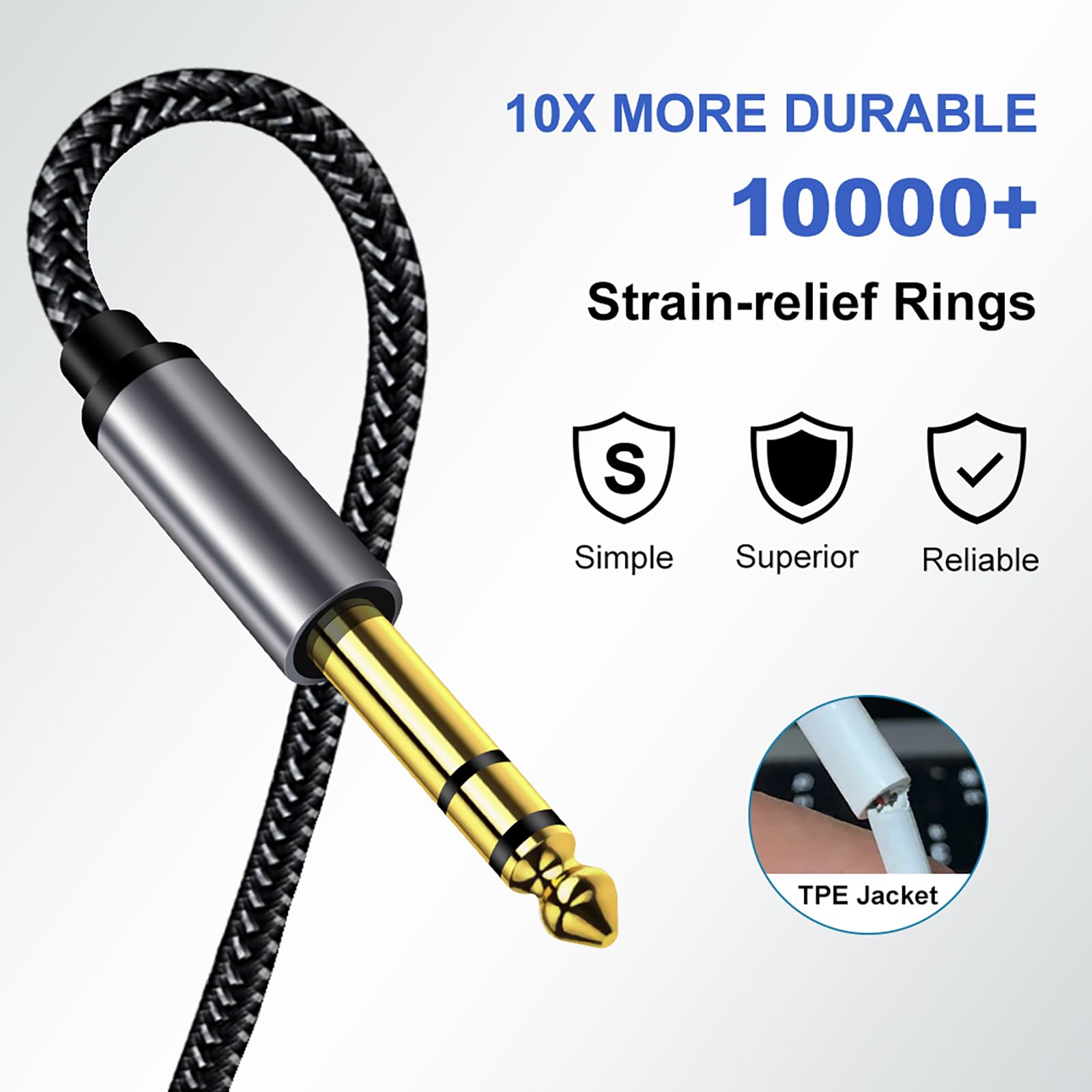 1/8 to 1/4 Stereo Cable Braided: Hi-Fi Sound Double Layer Shielded Zinc Alloy Case 3.5mm TRS to 6.35mm Audio Cable for Guitar, Laptop, Home Theater Devices, Speaker and Amplifiers 4Ft