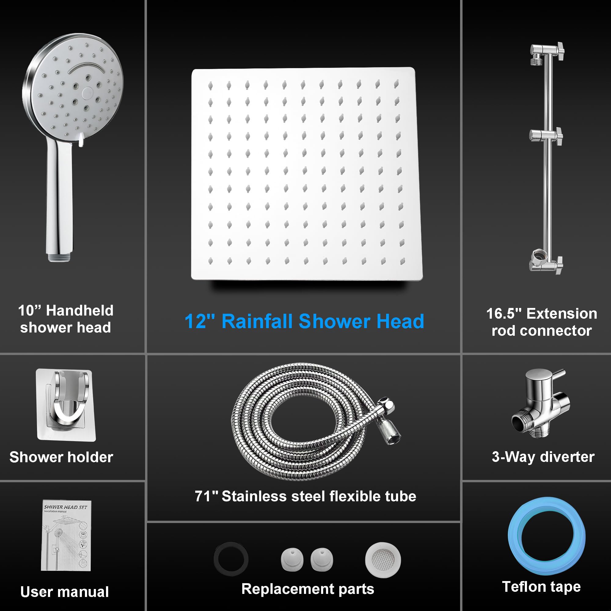 Jafeton Rainfall Shower Head Combo, THE FIRST WATERFALL handheld mode, 8 Inch Rain Shower Head with Handheld 6 Spray Modes Pressurize Bath Sprayer, Overhead Shower with Adjustable Extension Arm,Chrome