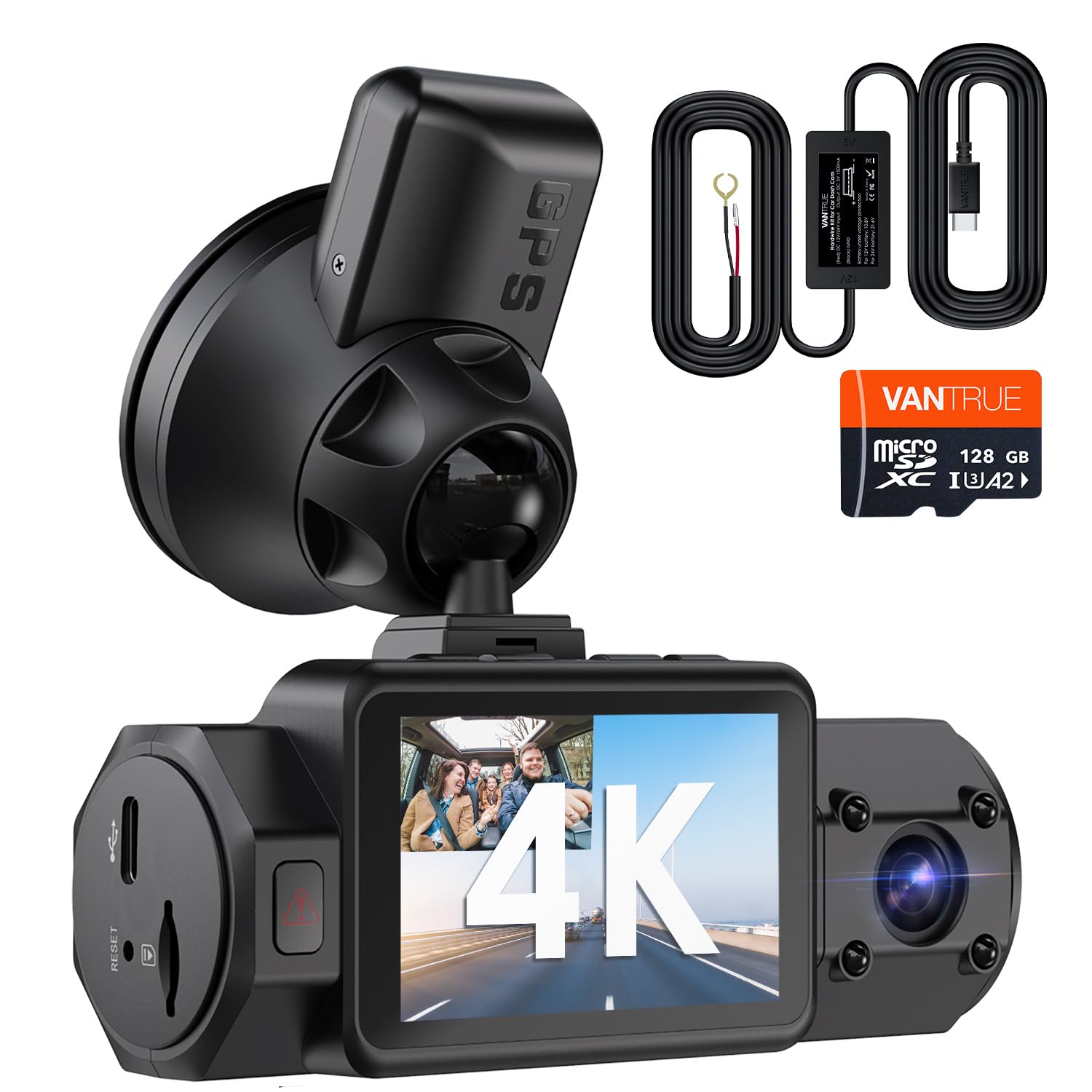 [ Bundle-3 Items: Vantrue N2S 4K GPS Dash Cam + 128GB SD Card + Hardwire Kits ] 4K Dash Cam with GPS, 4K Front and Inside Dash Cam, Infrared Night Vision, Dual Dash Cam for Uber Drivers