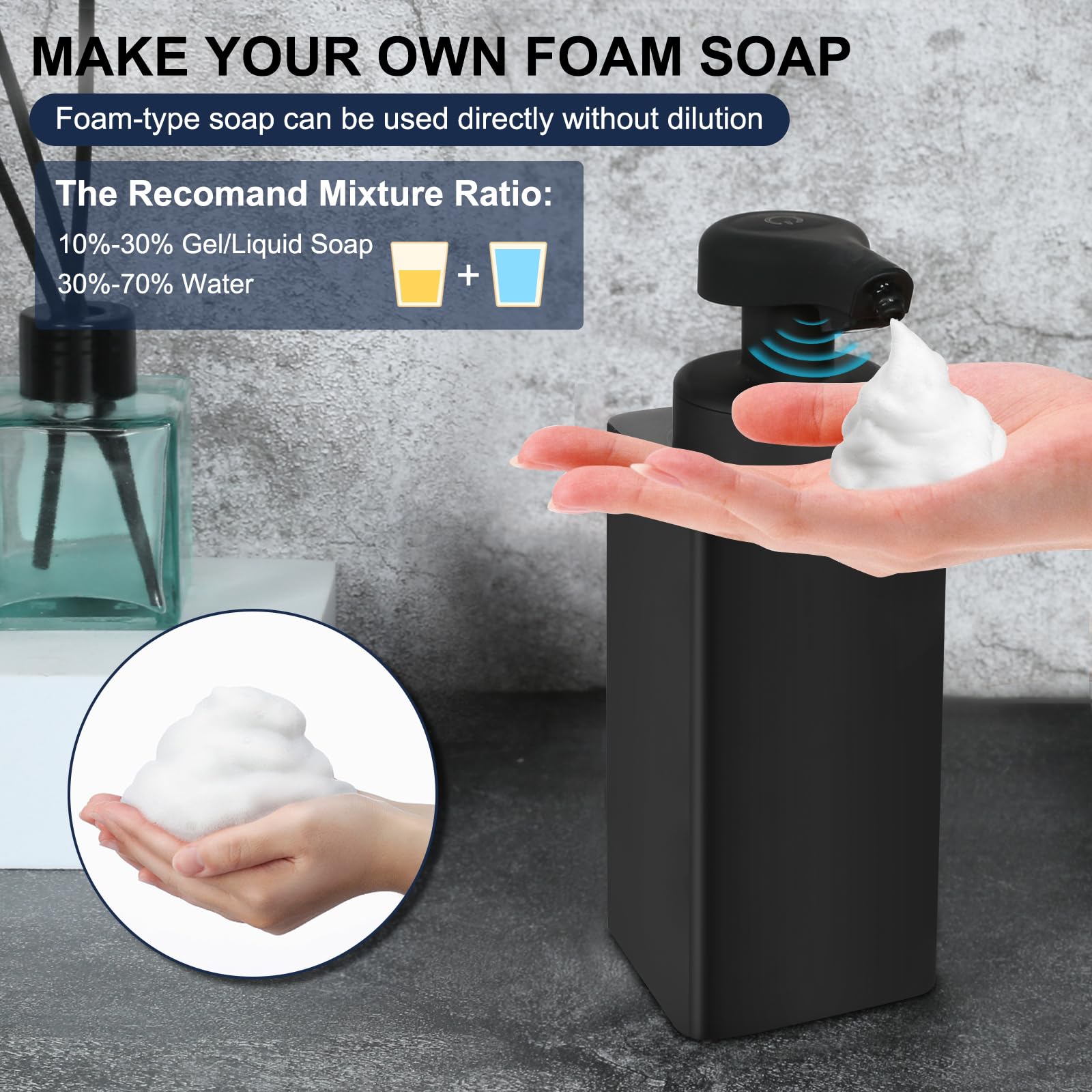 Automatic Soap Dispenser Foaming Hand Free Soap Dispenser Foam Rechargeable Soap Dispenser Touchless Soap Dispenser Smart Electric Auto Dish Soap Dispenser for Bathroom, Kitchen, Commercia Black