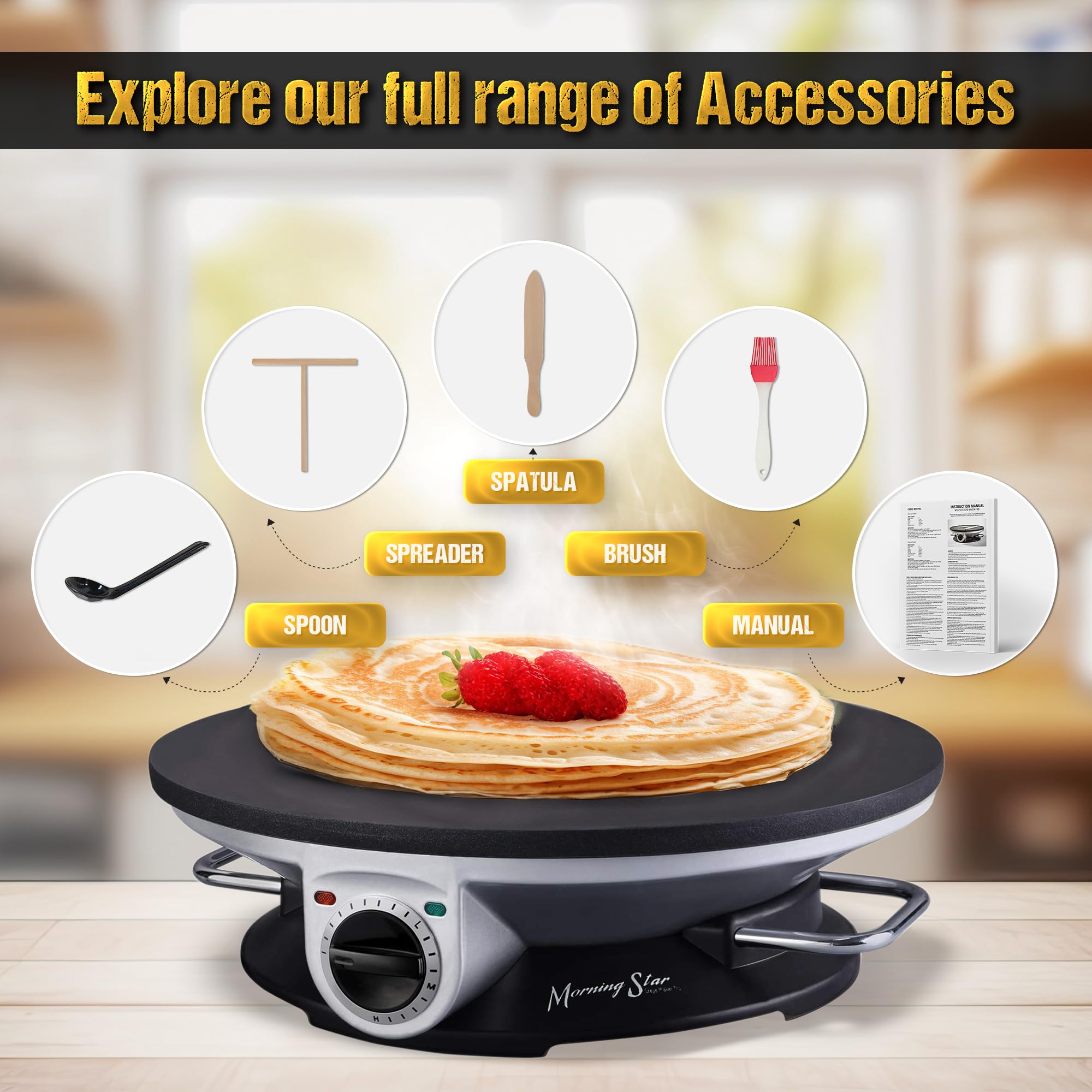 Morning Star Pro 13" Electric Crepe Maker | Premium Nonstick, Perfect for Gifting | Adjustable Temperature Control | Batter Spreader & Spatula | Used Also For Pancakes, Omelet & tortillas