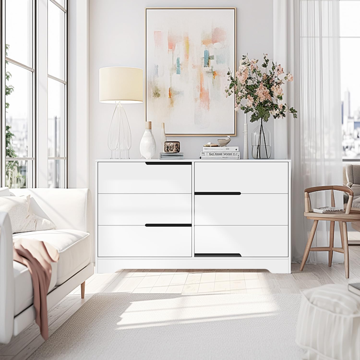 White Dresser for Bedroom with 6 Drawers, Double Dresser Chest of Drawers Kids Dresser Drawer Organizer for Nursery,Living Room,Closet, Entryway, Hallway