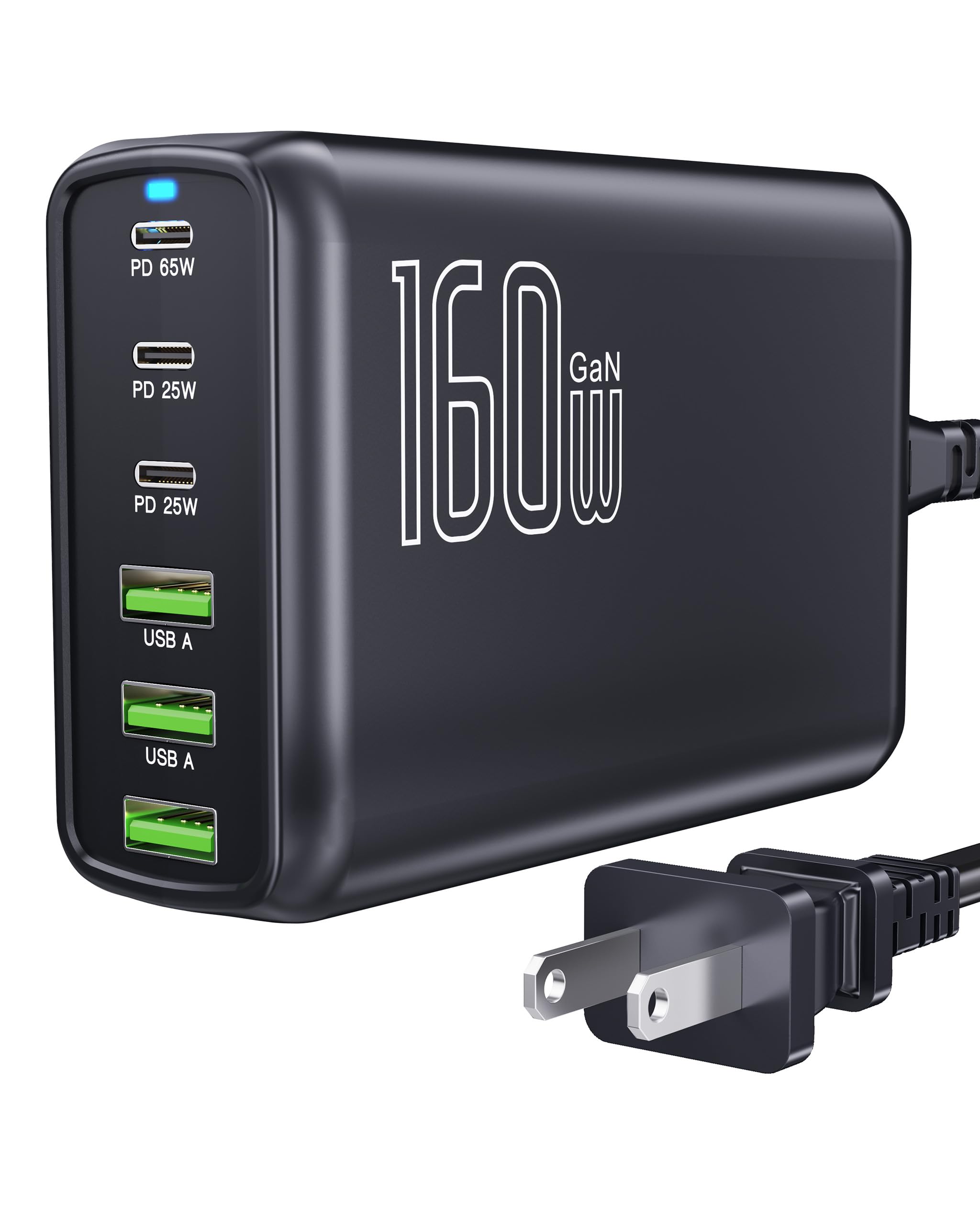 Nexwell 160W USB C Charger, 6 Ports GaN III Fast Desktop Charger with 3 USB-C +3 USB-A, 65W Laptop Power Adapter for MacBook Pro/Air, iPad, iPhone 15/15 Pro Max/15 Plus, Galaxy 24/23