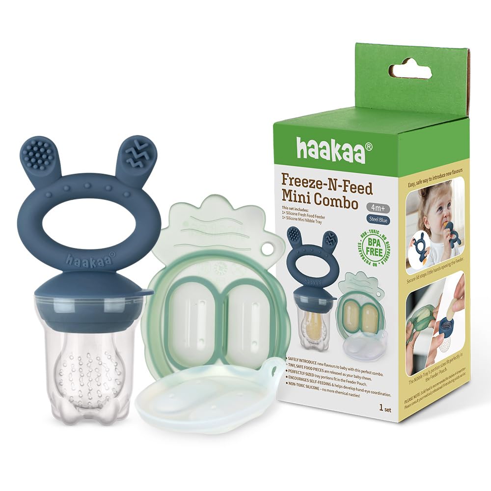 Haakaa Freeze-N-Feed Mini Combo with Silicone Food Feeder & Silicone Mini Nibble Tray|Baby Solid Food Self Feeder|Breastmilk Popsicle Mold Storage & Feeder for Soothing Baby Gums 1 PK