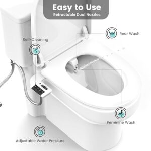 Aresmata Bidet Attachment for Toilet Unique Dual Retractable Nozzles Badays for Toilets Seat, Non-Electric Self-Cleaning Fresh Water Sprayer, Adjustable Water Pressure Bidets for Existing Toilets