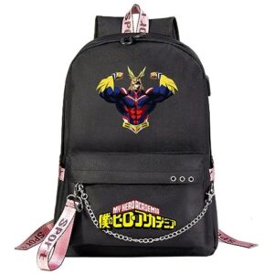 WANHONGYUE My Hero Academia Anime Rucksack 15.6 Inch Laptop Backpack Bookbag with Keychain Stainless Steel Chain Black / 15