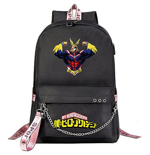 WANHONGYUE My Hero Academia Anime Rucksack 15.6 Inch Laptop Backpack Bookbag with Keychain Stainless Steel Chain Black / 15