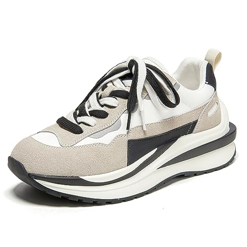 BEAU TODAY Sneakers for Women Casual Leather Platform Chunky Sneakers Comfortable Tennis Running Shoes Non-Slip Walking Shoes Womens Fashion Sneakers Grey US 7.5