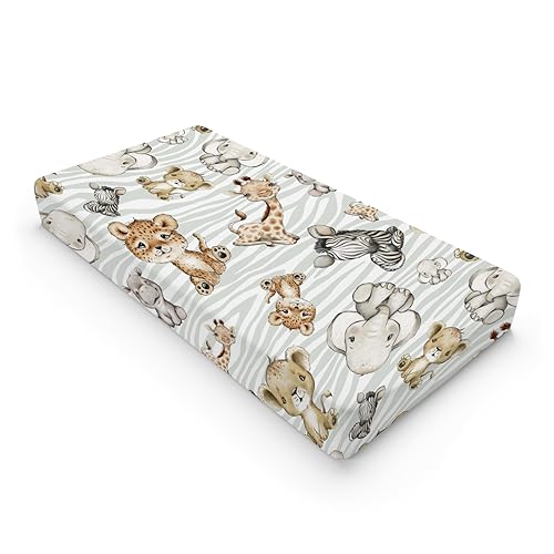 HawSkgFub African Safari Jungle Animals Changing Pad Cover Baby Girls Boys, Giraffe Elephant Leopard Lion Zebra Diaper Change Table Sheet, Soft Stretchy Safe Snug Fitted Changing Mat Fit 32"/34" x 16"