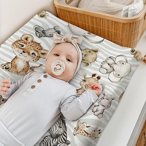 HawSkgFub African Safari Jungle Animals Changing Pad Cover Baby Girls Boys, Giraffe Elephant Leopard Lion Zebra Diaper Change Table Sheet, Soft Stretchy Safe Snug Fitted Changing Mat Fit 32"/34" x 16"