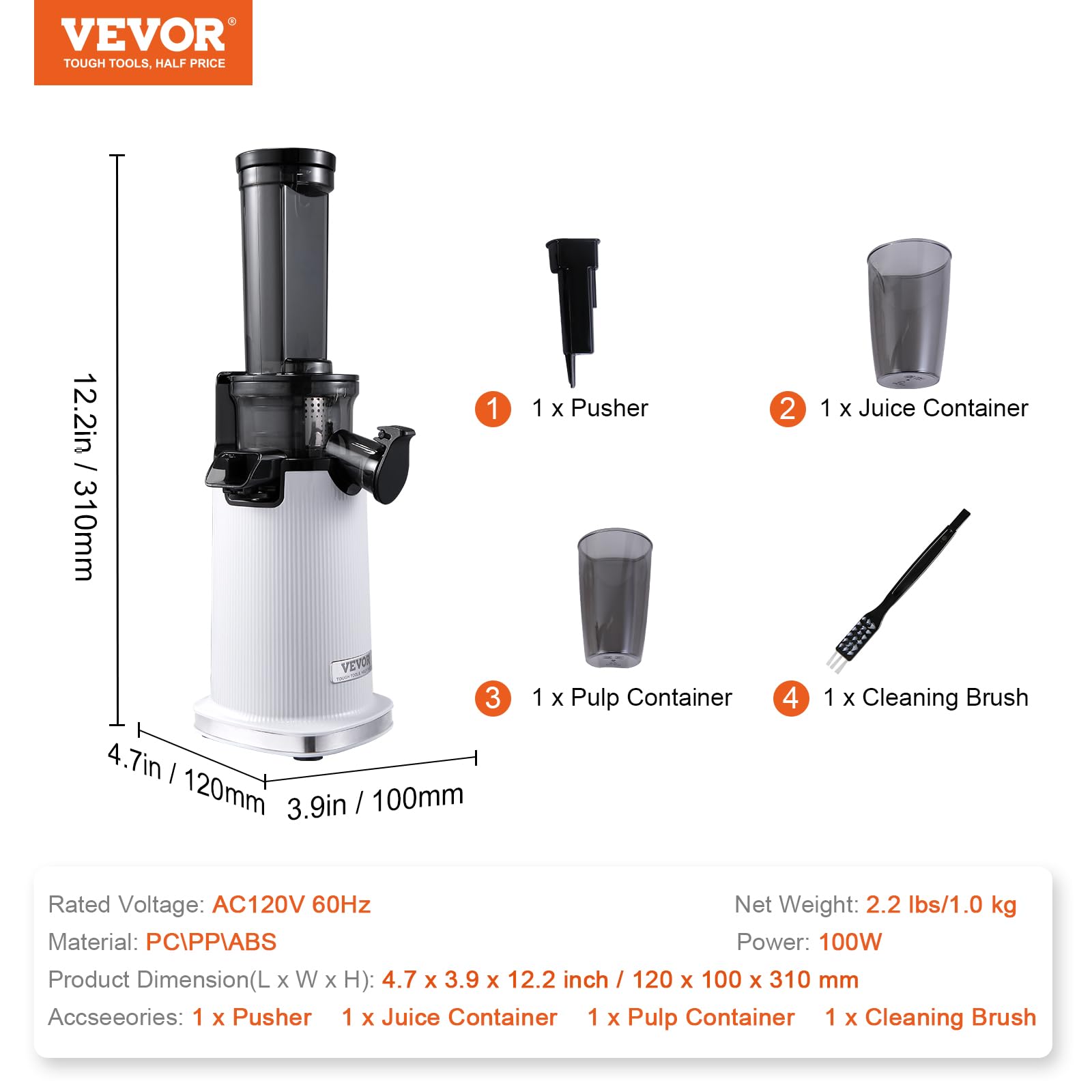 VEVOR Masticating Juicer, Cold Press Juicer Machine, Juice Extractor Maker with High Juice Yield, Easy to Clean with Brush, for High Nutrient Fruits Vegetables (Mini)