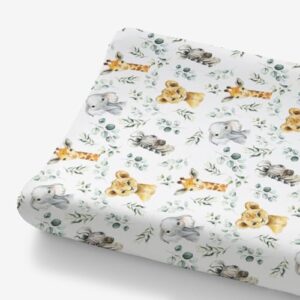 hawskgfub african safari jungle animals eucalyptus leaf changing pad cover baby girls boys, giraffe elephant lion zebra diaper change table sheet, stretchy safe snug fitted changing mat 32"/34" x 16"