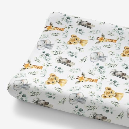 HawSkgFub African Safari Jungle Animals Eucalyptus Leaf Changing Pad Cover Baby Girls Boys, Giraffe Elephant Lion Zebra Diaper Change Table Sheet, Stretchy Safe Snug Fitted Changing Mat 32"/34" x 16"