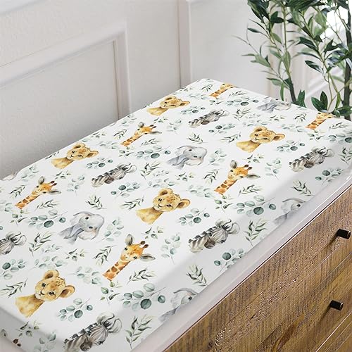 HawSkgFub African Safari Jungle Animals Eucalyptus Leaf Changing Pad Cover Baby Girls Boys, Giraffe Elephant Lion Zebra Diaper Change Table Sheet, Stretchy Safe Snug Fitted Changing Mat 32"/34" x 16"