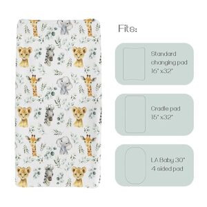 HawSkgFub African Safari Jungle Animals Eucalyptus Leaf Changing Pad Cover Baby Girls Boys, Giraffe Elephant Lion Zebra Diaper Change Table Sheet, Stretchy Safe Snug Fitted Changing Mat 32"/34" x 16"