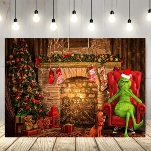 Retro Fireplace Backdrop for Christmas Party Supplies 5x3ft Grinch Red Sofa Photo Background Merry Christmas Photography Backdrop Grinchmas Banner