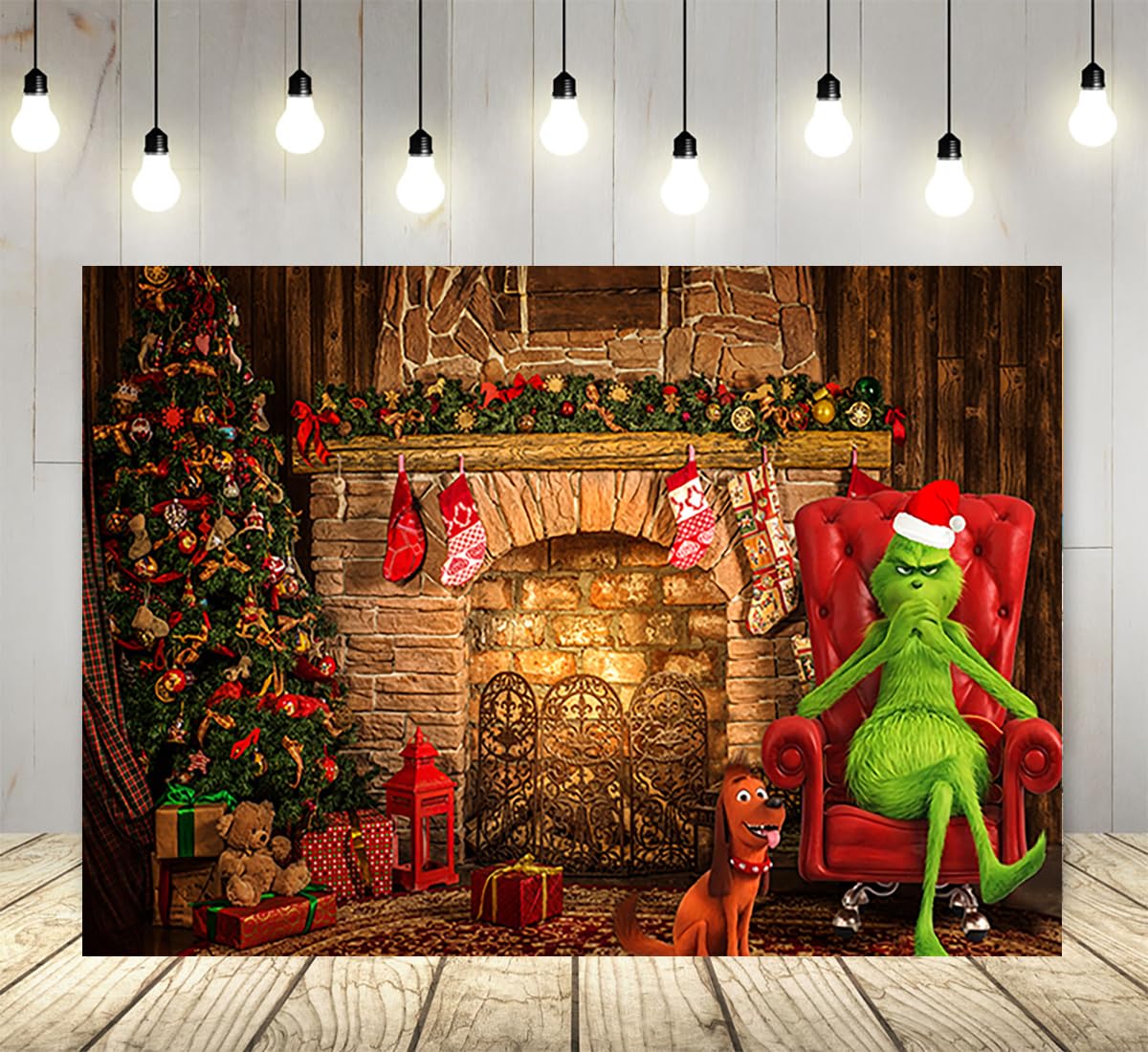 Retro Fireplace Backdrop for Christmas Party Supplies 5x3ft Grinch Red Sofa Photo Background Merry Christmas Photography Backdrop Grinchmas Banner