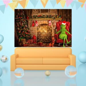 Retro Fireplace Backdrop for Christmas Party Supplies 5x3ft Grinch Red Sofa Photo Background Merry Christmas Photography Backdrop Grinchmas Banner