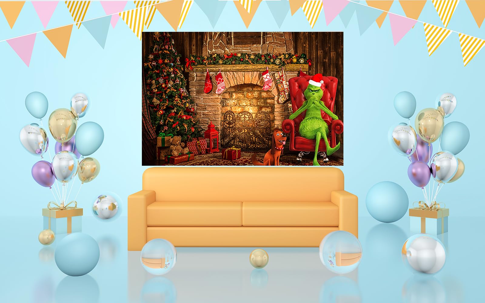 Retro Fireplace Backdrop for Christmas Party Supplies 5x3ft Grinch Red Sofa Photo Background Merry Christmas Photography Backdrop Grinchmas Banner