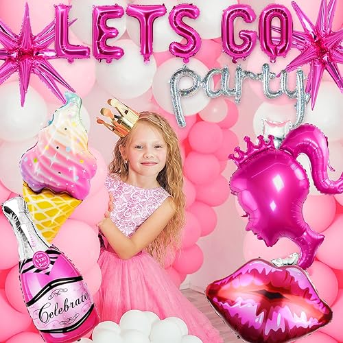 13 PCS Hot Pink Foil Balloon Letter LETS GO Party Decorations Pink Girls Pink Princess Doll Theme Party Kids Baby Shower Wedding Princess Theme Party Decorations Backdrop