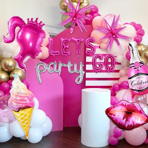 13 PCS Hot Pink Foil Balloon Letter LETS GO Party Decorations Pink Girls Pink Princess Doll Theme Party Kids Baby Shower Wedding Princess Theme Party Decorations Backdrop