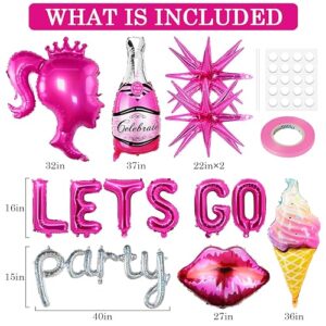 13 PCS Hot Pink Foil Balloon Letter LETS GO Party Decorations Pink Girls Pink Princess Doll Theme Party Kids Baby Shower Wedding Princess Theme Party Decorations Backdrop