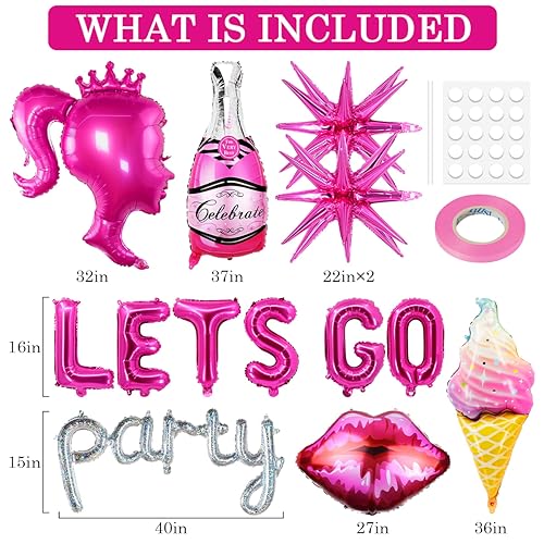 13 PCS Hot Pink Foil Balloon Letter LETS GO Party Decorations Pink Girls Pink Princess Doll Theme Party Kids Baby Shower Wedding Princess Theme Party Decorations Backdrop