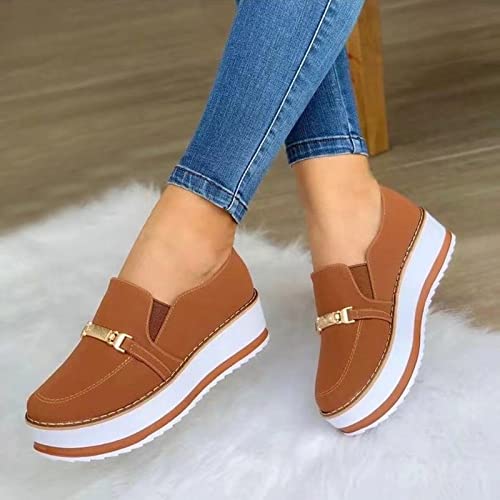 Sneakers for Women Walking Shoes Women Comfort Slip On Breathable Platform Wedge Round Toe Fashion Metal Chain Embellished Loafers Brown