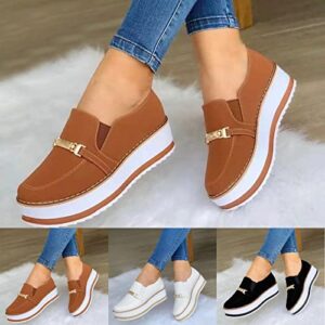 Sneakers for Women Walking Shoes Women Comfort Slip On Breathable Platform Wedge Round Toe Fashion Metal Chain Embellished Loafers Brown