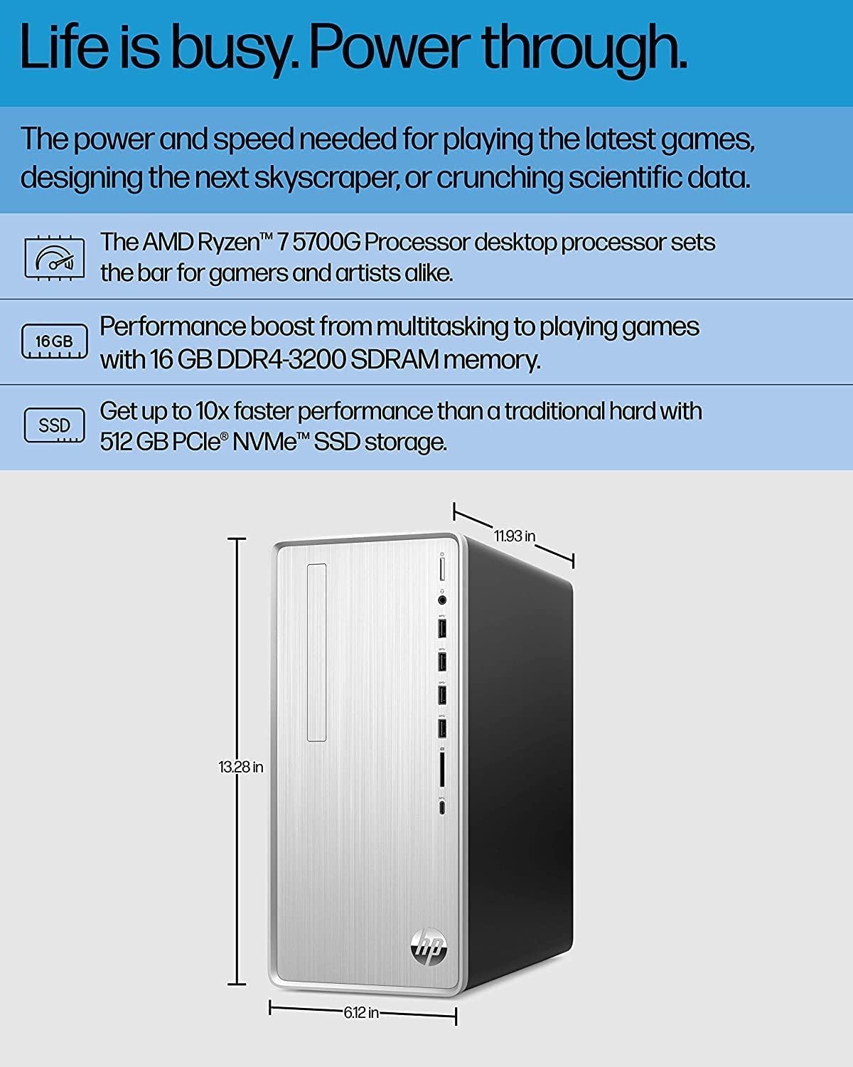 HP 2023 Newest Pavilion Desktop PC, AMD Ryzen 7 5700G (8 cores), 32GB RAM, 2TB SSD, 2TB HDD, AMD Radeon Graphics, Wi-Fi, Bluetooth, Keyboard and Mouse Combo, 9 USB Ports, Windows 11, Silver