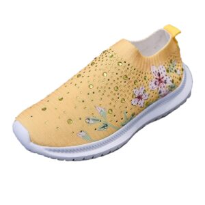 women's rhinestones knitted sock sneakers colorful floral print sparkly slip ons mesh breathable lightweight with arch support walking shoes. (yellow,8.5,women,8.5)