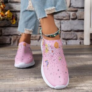 Women's Rhinestones Knitted Sock Sneakers Colorful Floral Print Sparkly Slip Ons Mesh Breathable Lightweight with Arch Support Walking Shoes. (Yellow,8.5,Women,8.5)