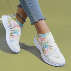 Women's Rhinestones Knitted Sock Sneakers Colorful Floral Print Sparkly Slip Ons Mesh Breathable Lightweight with Arch Support Walking Shoes. (Yellow,8.5,Women,8.5)