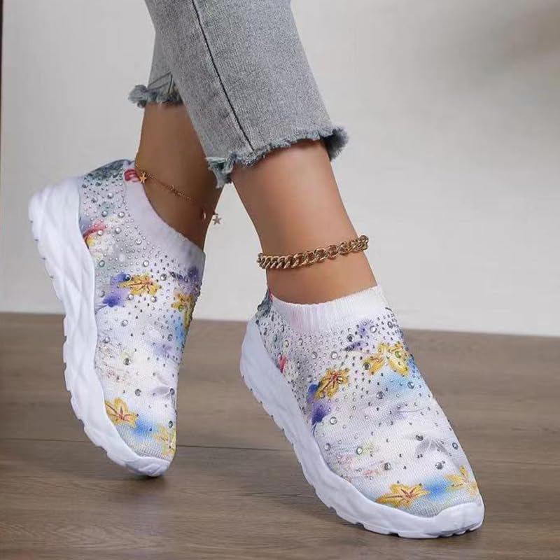 Women's Rhinestones Knitted Sock Sneakers Colorful Floral Print Sparkly Slip Ons Mesh Breathable Lightweight with Arch Support Walking Shoes. (Yellow,8.5,Women,8.5)