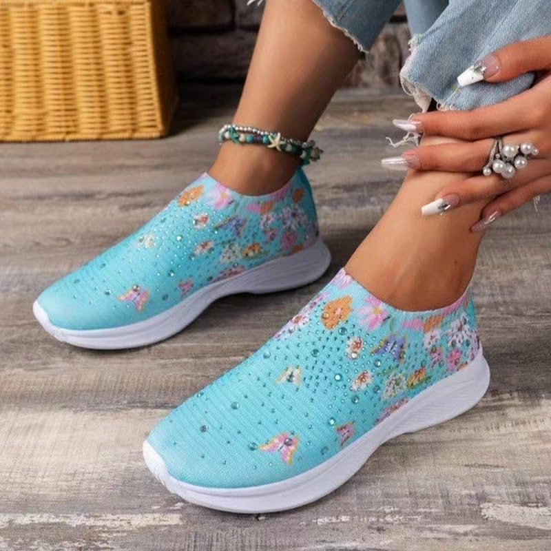 Women's Rhinestones Knitted Sock Sneakers Colorful Floral Print Sparkly Slip Ons Mesh Breathable Lightweight with Arch Support Walking Shoes. (Yellow,8.5,Women,8.5)