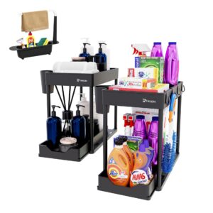 regoia under sink organizer and storage 2 pack with 1 sponge holder for kitchen sink, 2-tier sliding bathroom organizers and storage, kitchen countertop organization with hooks and hanging cup, black