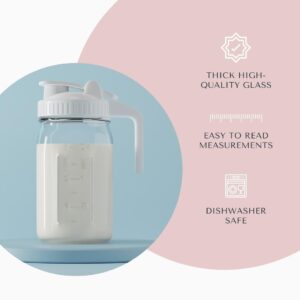 Ford & Row- Breast Milk Pitcher White 32 oz- Formula Pitcher For Breastmilk Storage Container For Fridge- Breastmilk Pitcher- Mason Jar Pour Spout Lid- Formula Mixing Pitcher- Mason Jar Pitcher