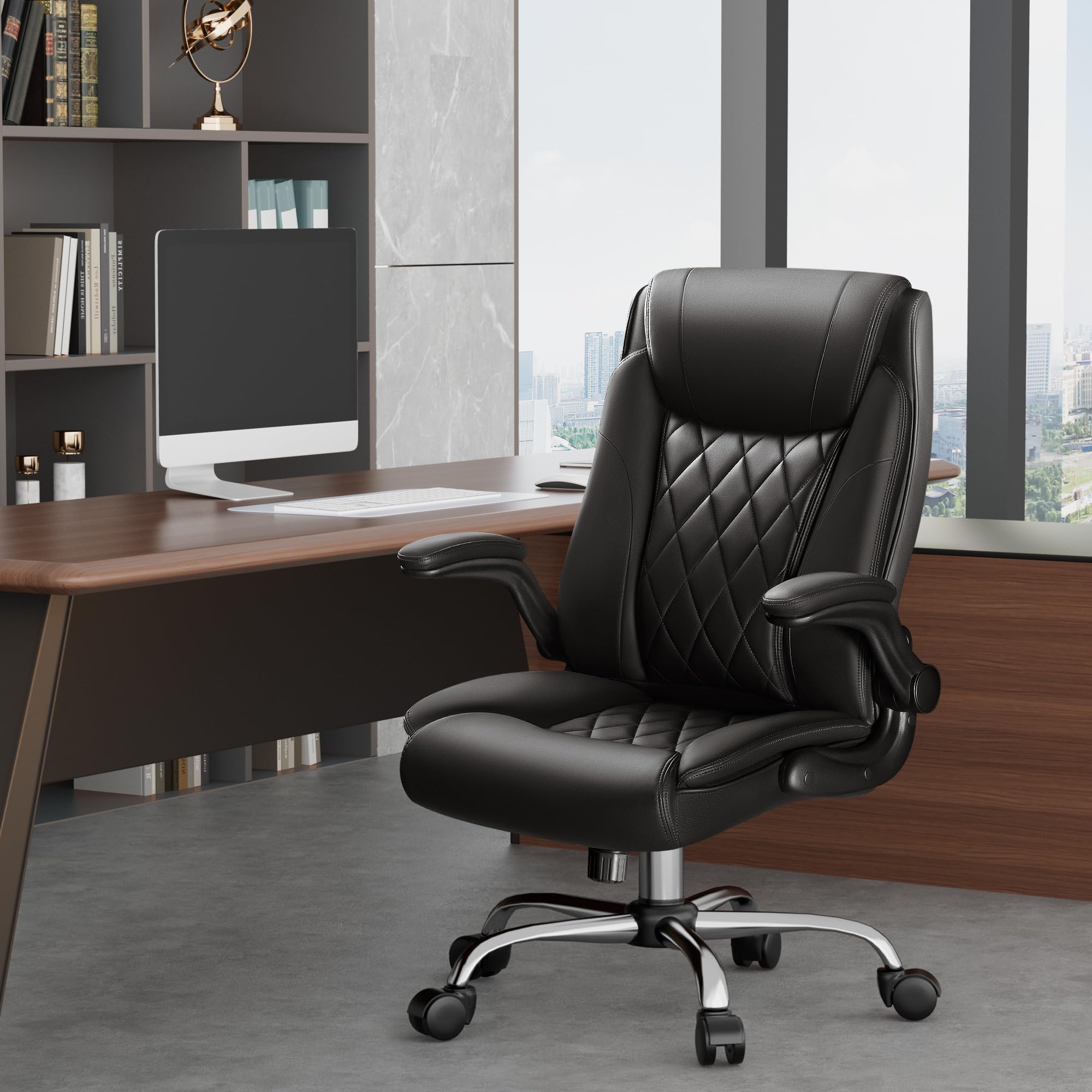 Furmax Faux Leather Ergonomic Office Chair High Back Executive Desk Chair Flip Up Arms Padded Comfortable Managerial Chair with Lumbar Support Swivel Computer Gaming Chair (Black)