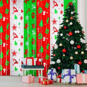 LOLStar Christmas Party Decoration, 4 Pack Christmas Themed Pattern Foil Fringe Curtains 3.3 X 6.6 ft Red Silver Green Tinsel Fringe Photo Backdrop Streamer Backdrop for Christmas, Ugly Sweater Party